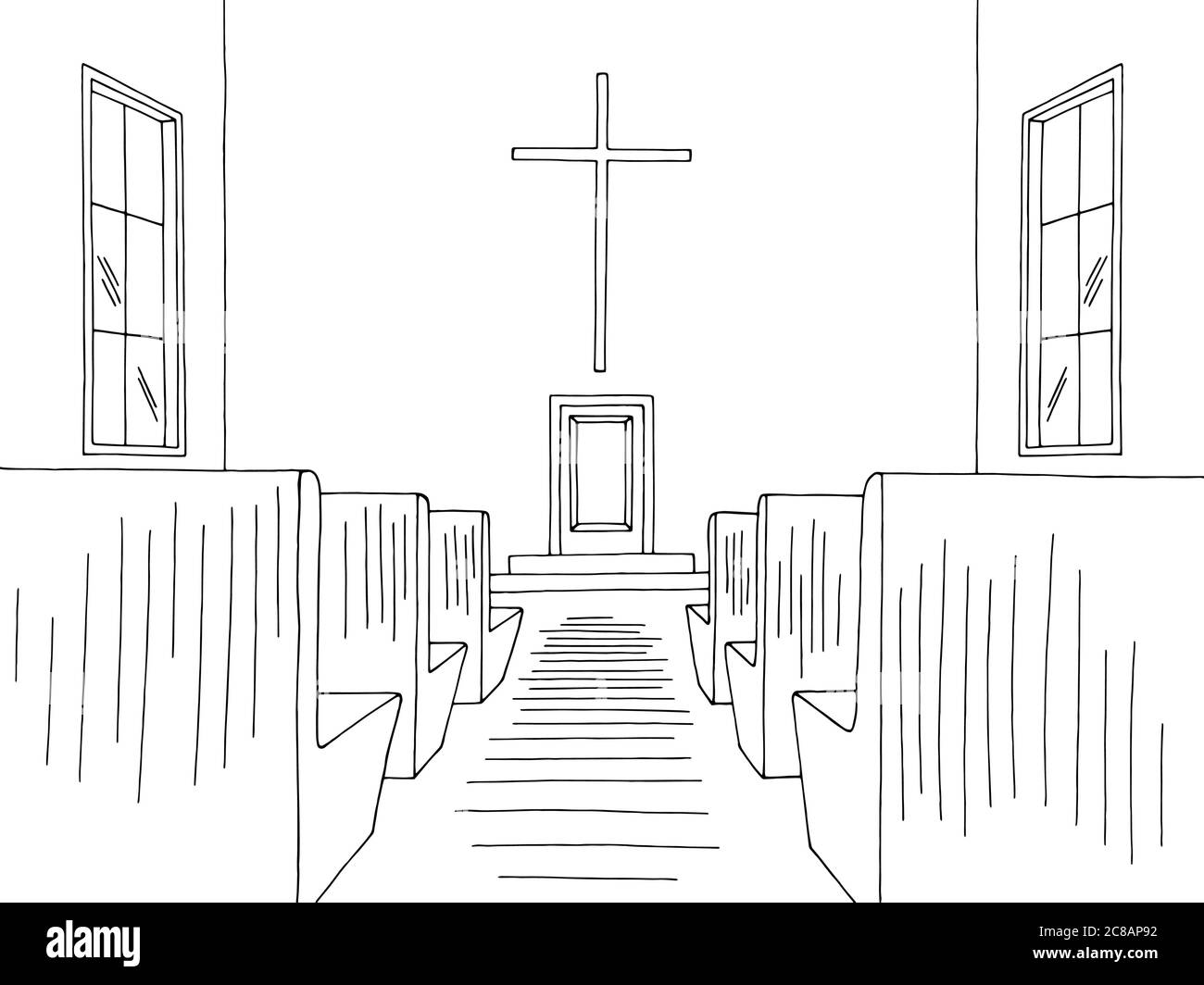 Church interior graphic black white sketch illustration vector Stock ...