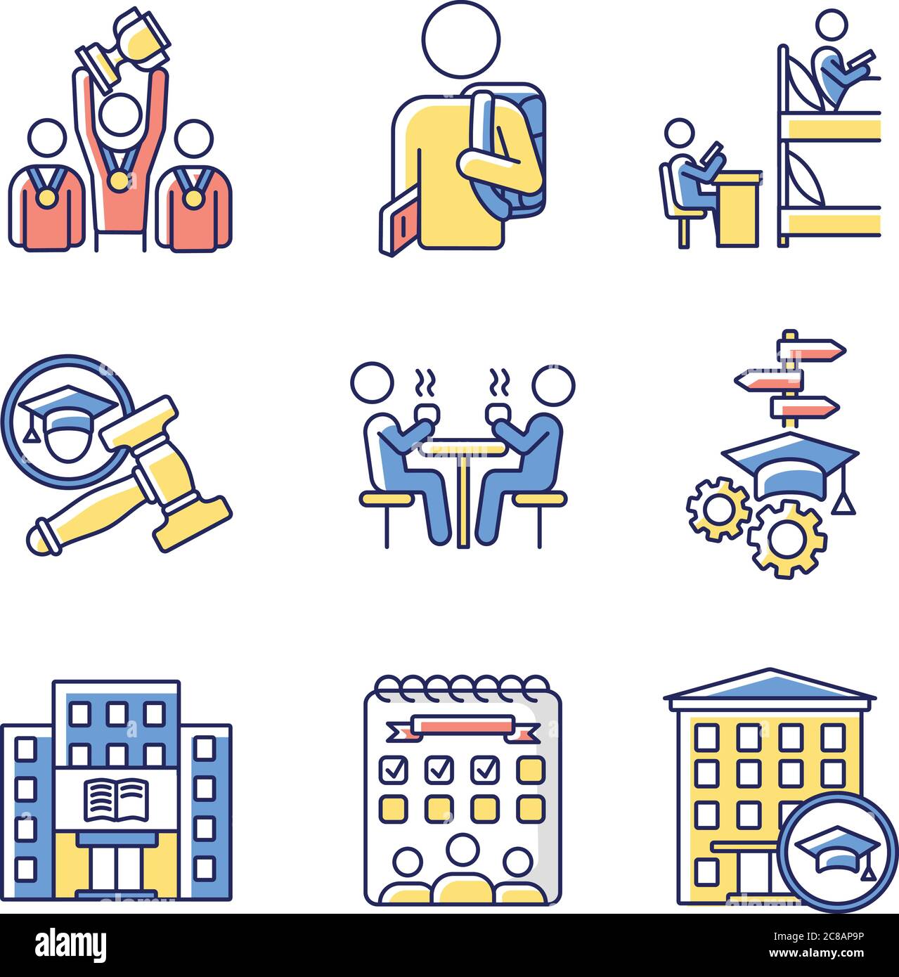 University life RGB color icons set. Freshmen life and activities ...