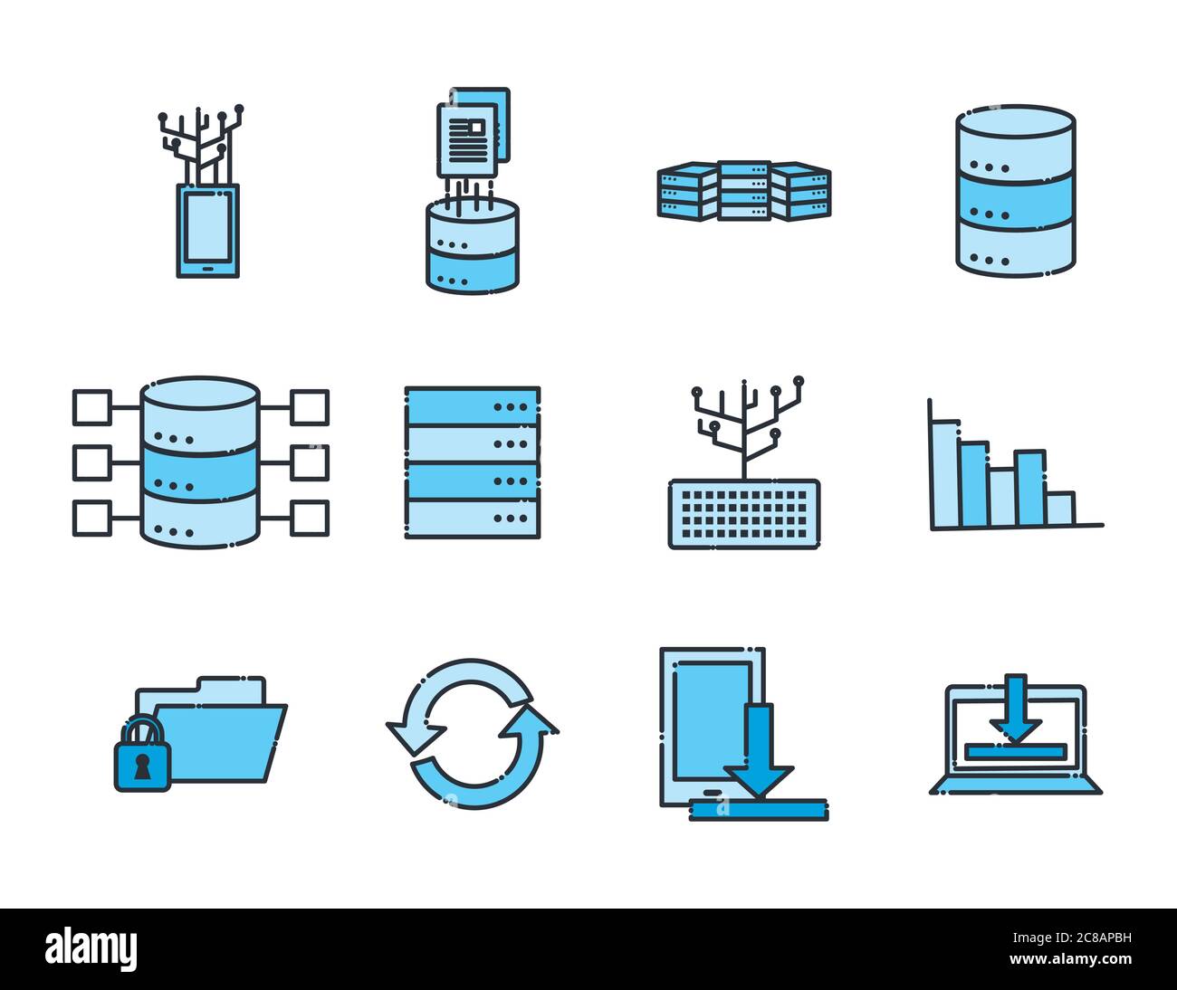 Big data line and fill style icon set design, Web hosting center base security system and ...