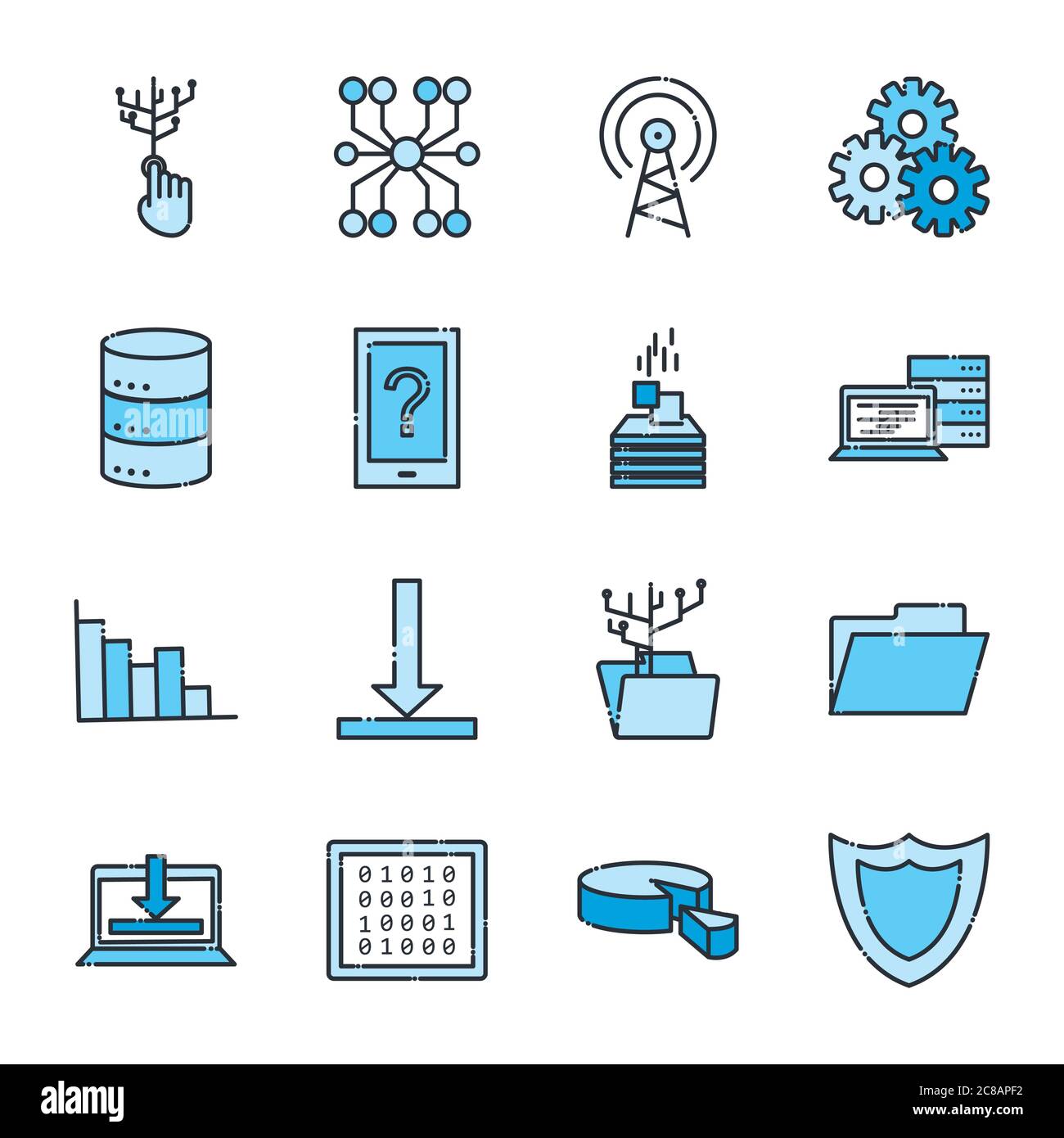 Big data line and fill style icon set design, Web hosting center base security system and ...