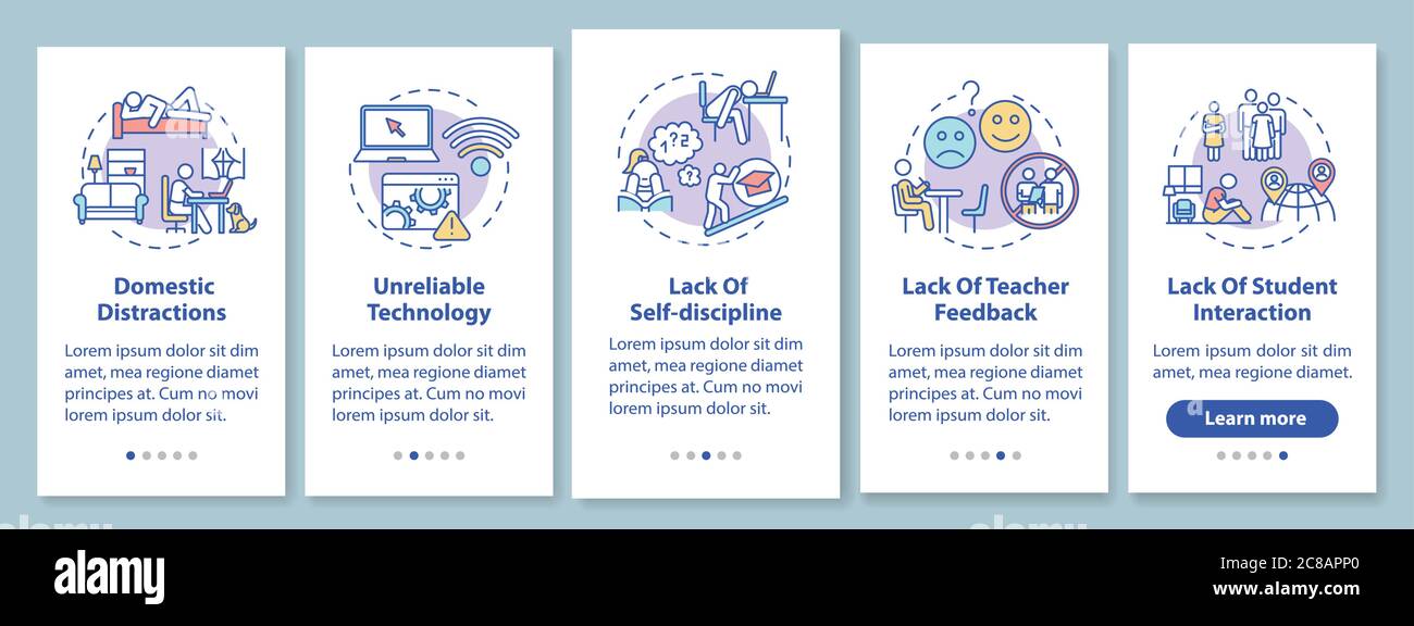 Distance learning cons onboarding mobile app page screen with concepts. Student interaction ...