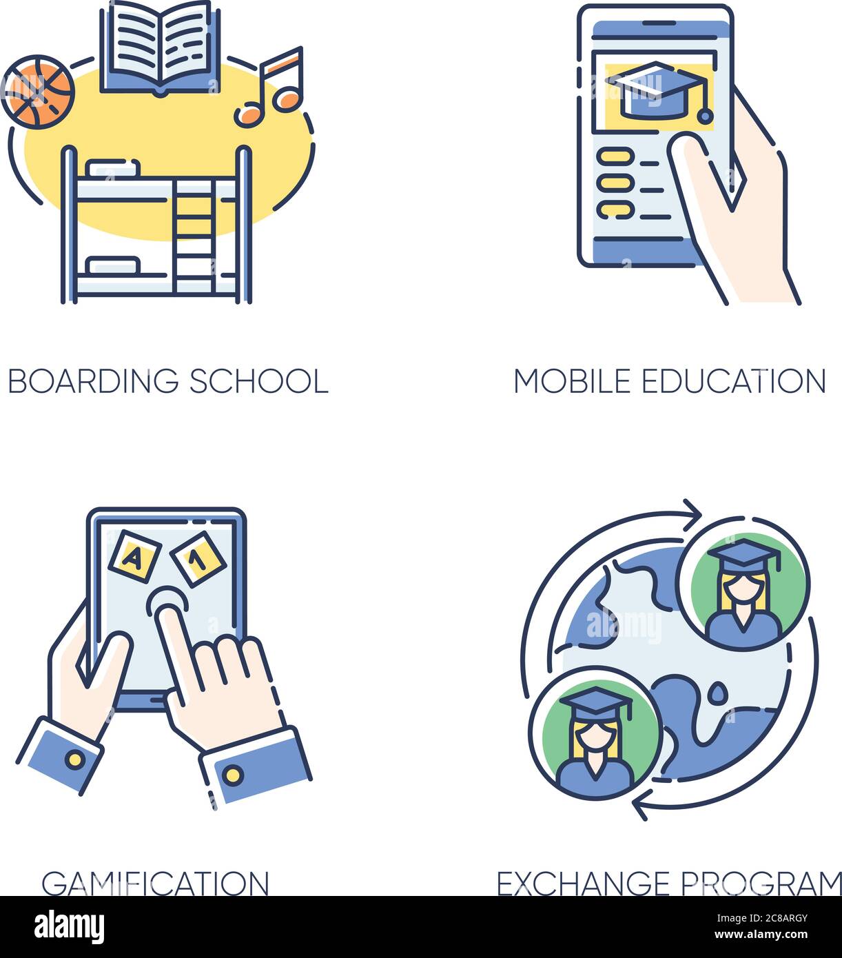 Modern learning opportunities RGB color icons set. Boarding school ... Modern learning opportunities RGB color icons set. Boarding school ...
