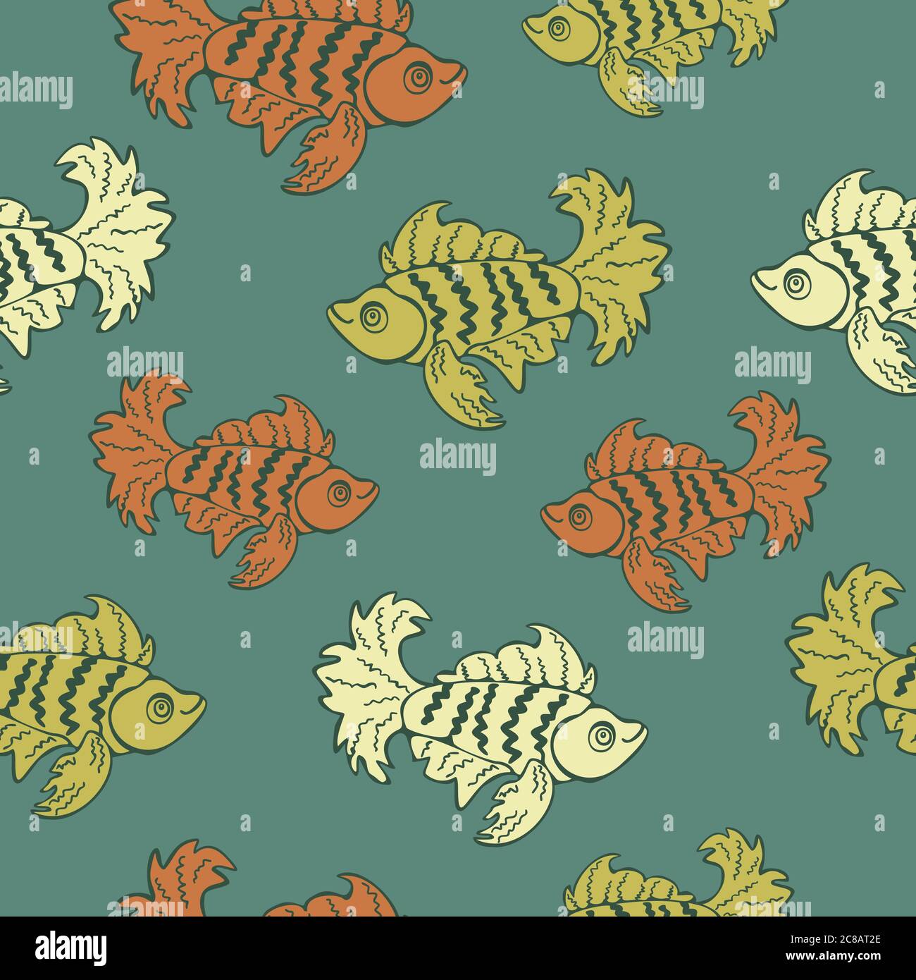 Vector seamless pattern of fish in retro linocut style. Fancy abstract ...