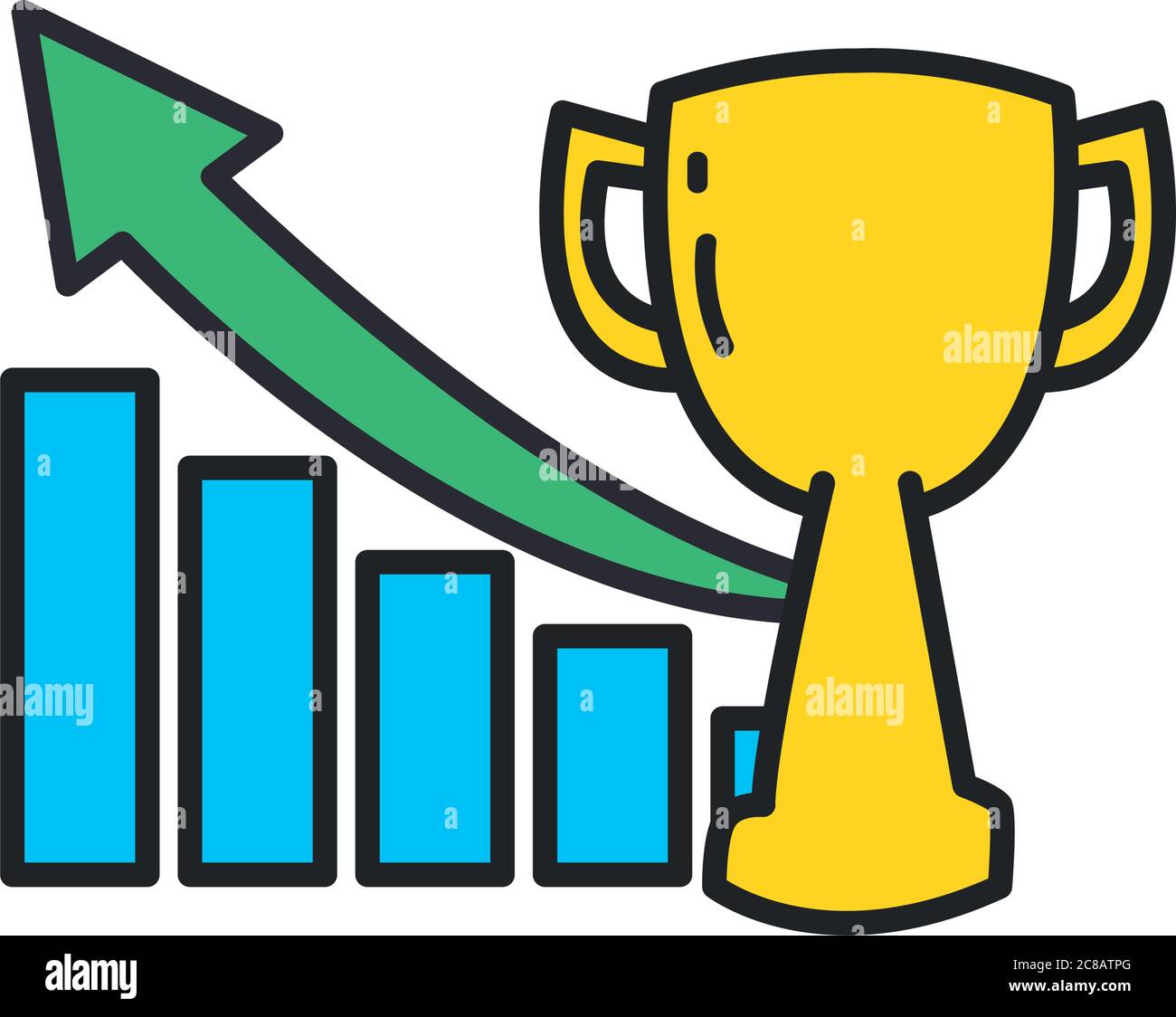 Trophy and bars chart with increase arrow line and fill style icon ...