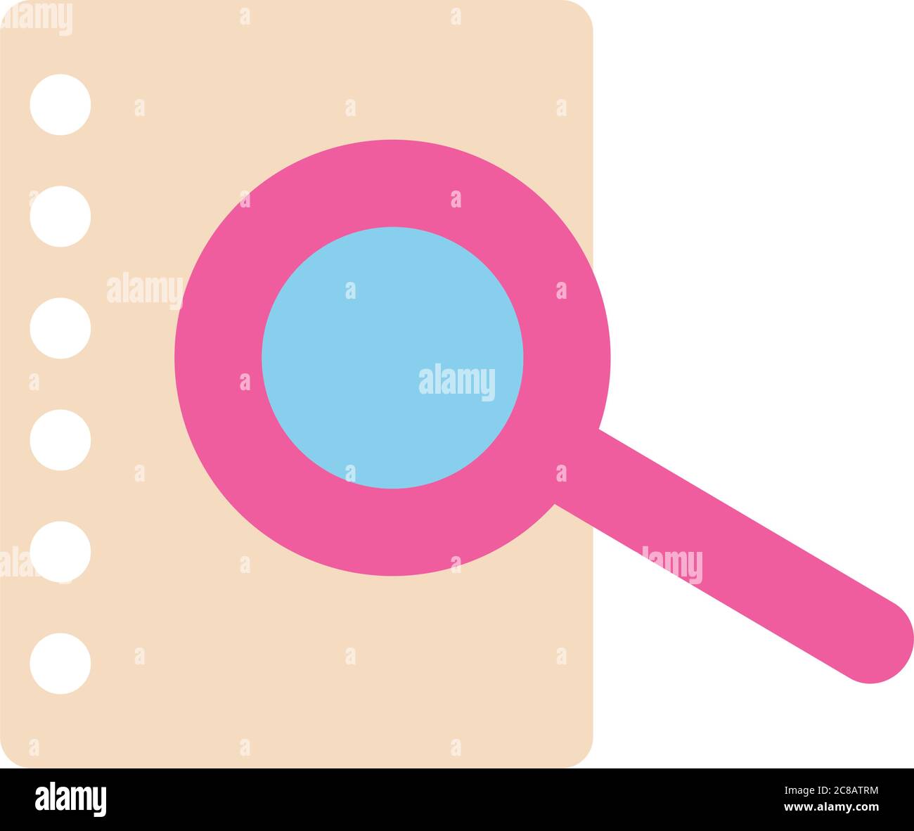 magnifying glass and notebook page icon over white background, flat ...