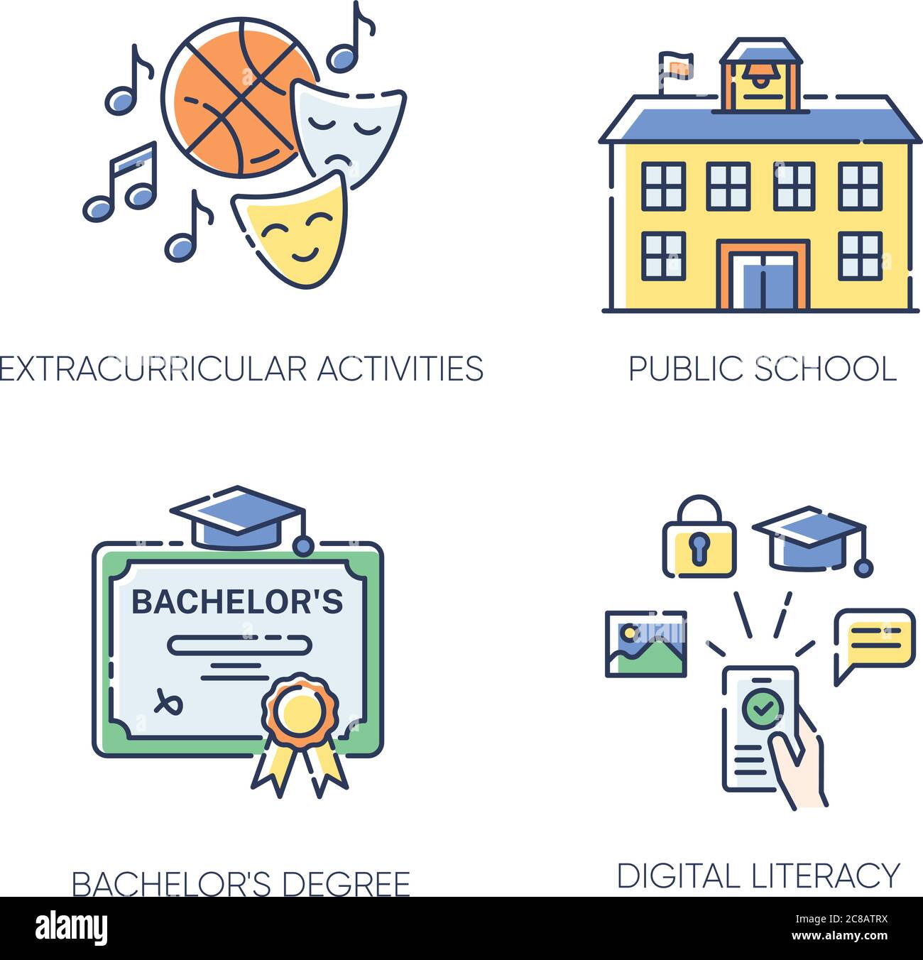 Public school education RGB color icons set. Extracurricular activities ...