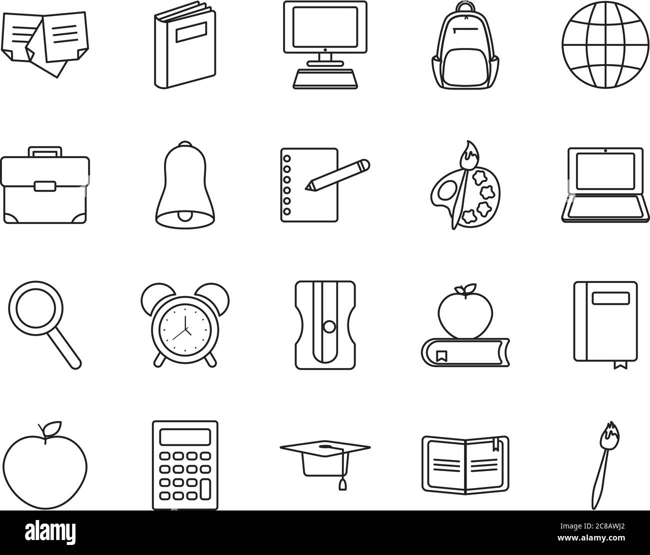apple and back to school icon set over white background, line style ...