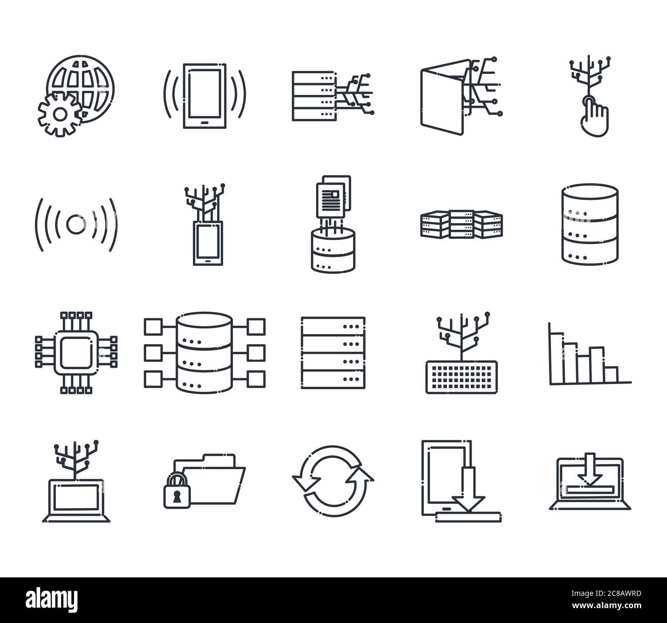 Big data line style icon set design, Web hosting center base security system and hardware Vector ...