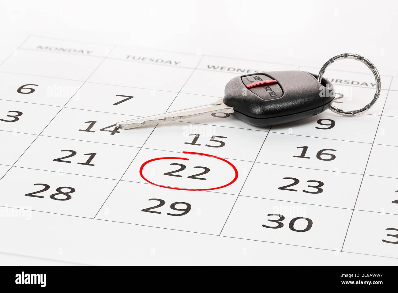 car key on calendar and circled date, concept for new car Stock Photo ...