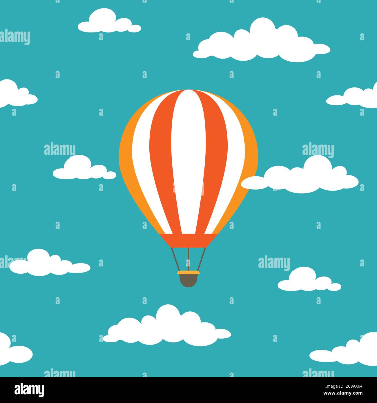 Orange hot air balloon flying in the powder blue sky with clouds. Flat ...