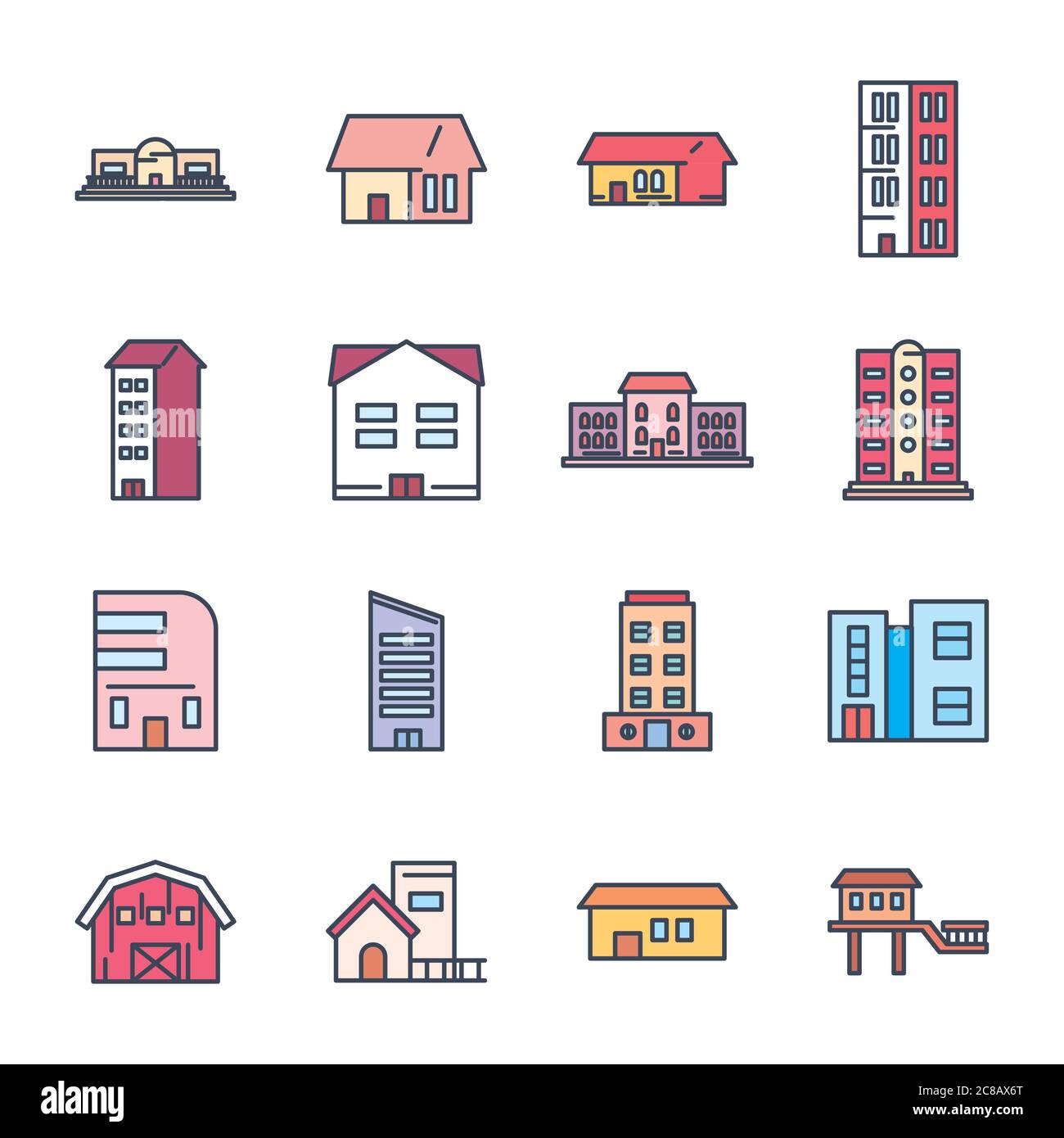 Buildings line and fill style icon set design, City architecture urban ...