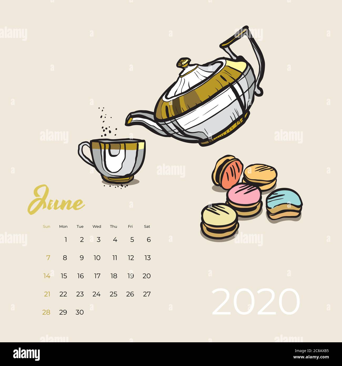 2020 June calendar food and tea art vector. Tea party sketched calendar ...