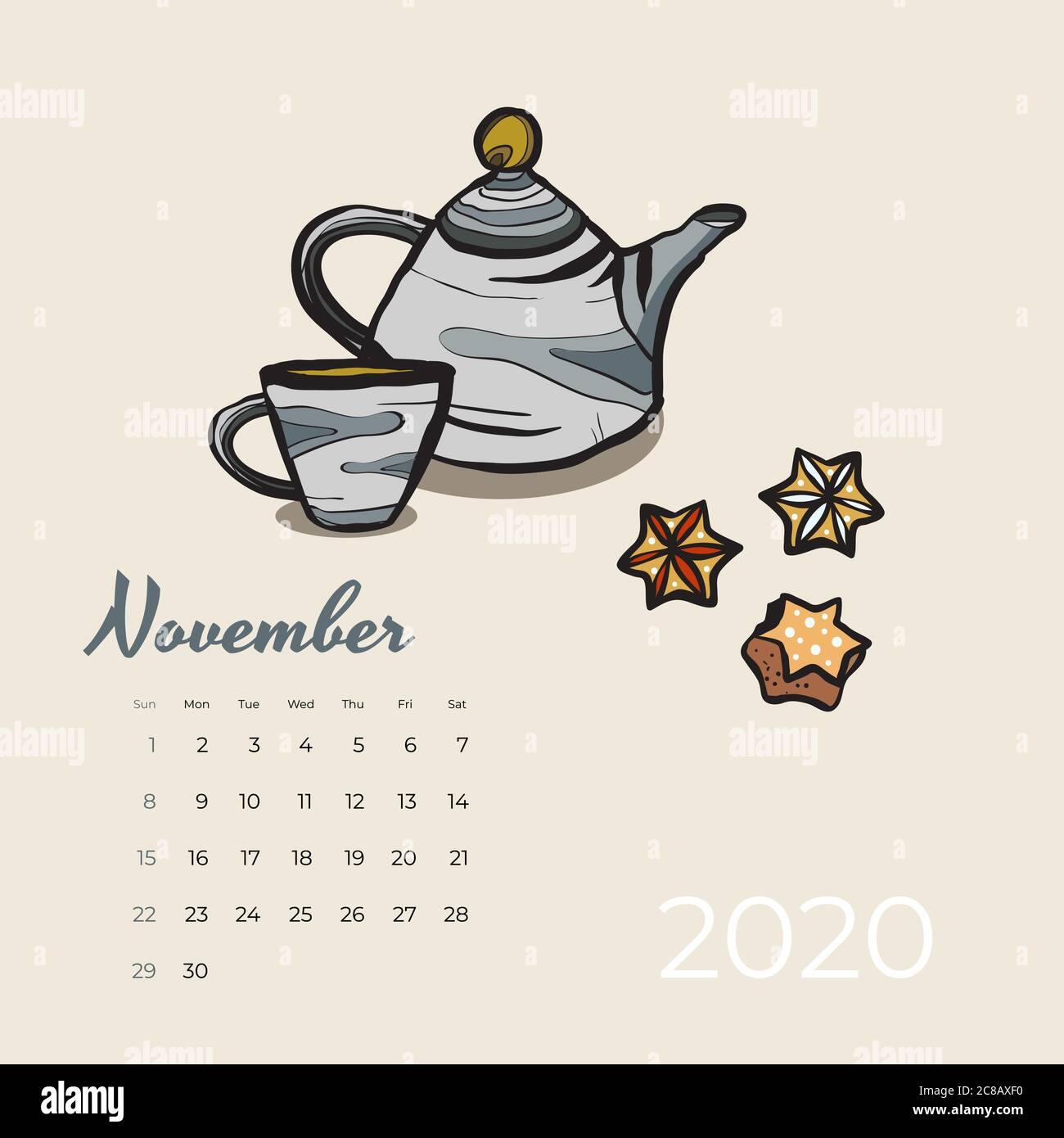 2020 November calendar food, tea art vector. Tea party sketched ...