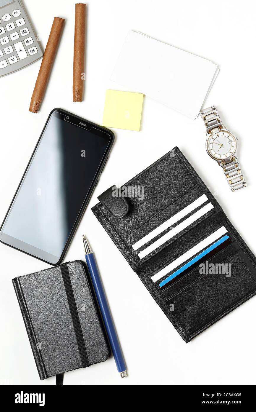 variety of men's objects on white, top view Stock Photo - Alamy