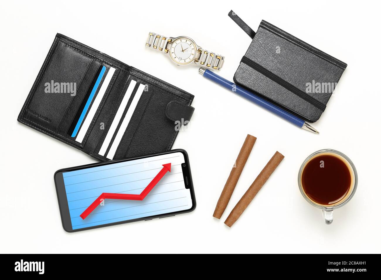variety of men's objects on white, phone with graph, business success ...