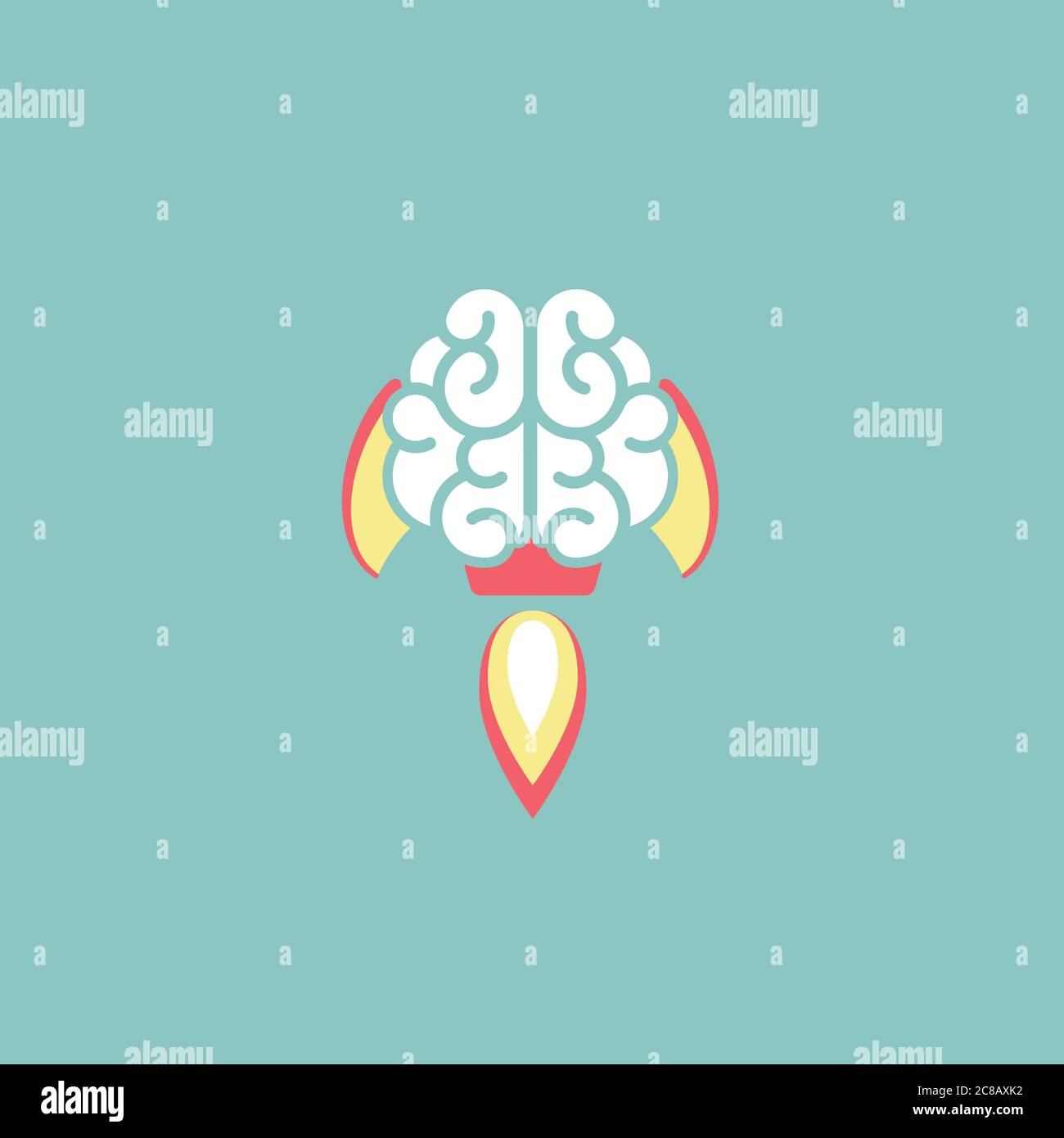 Brain as rocket ship flat icon isolated on blue. New idea, intellect ...