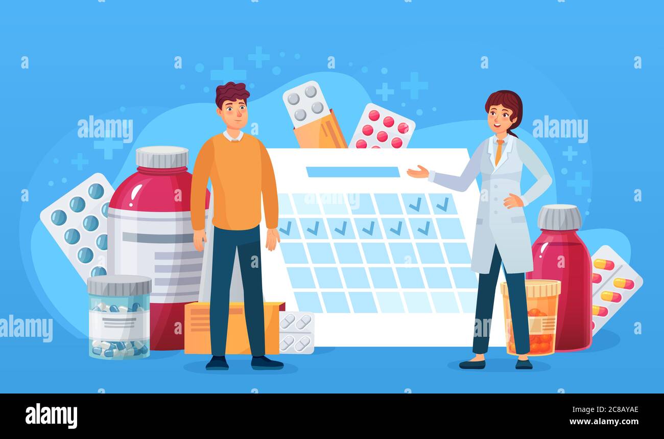 Medication calendar. Doctor and patient standing at calendar with pills ...