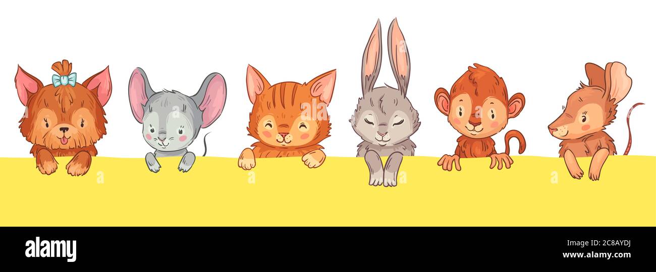 Cartoon animals looking out. Cute dog with bow, mouse, cat and rabbit ...