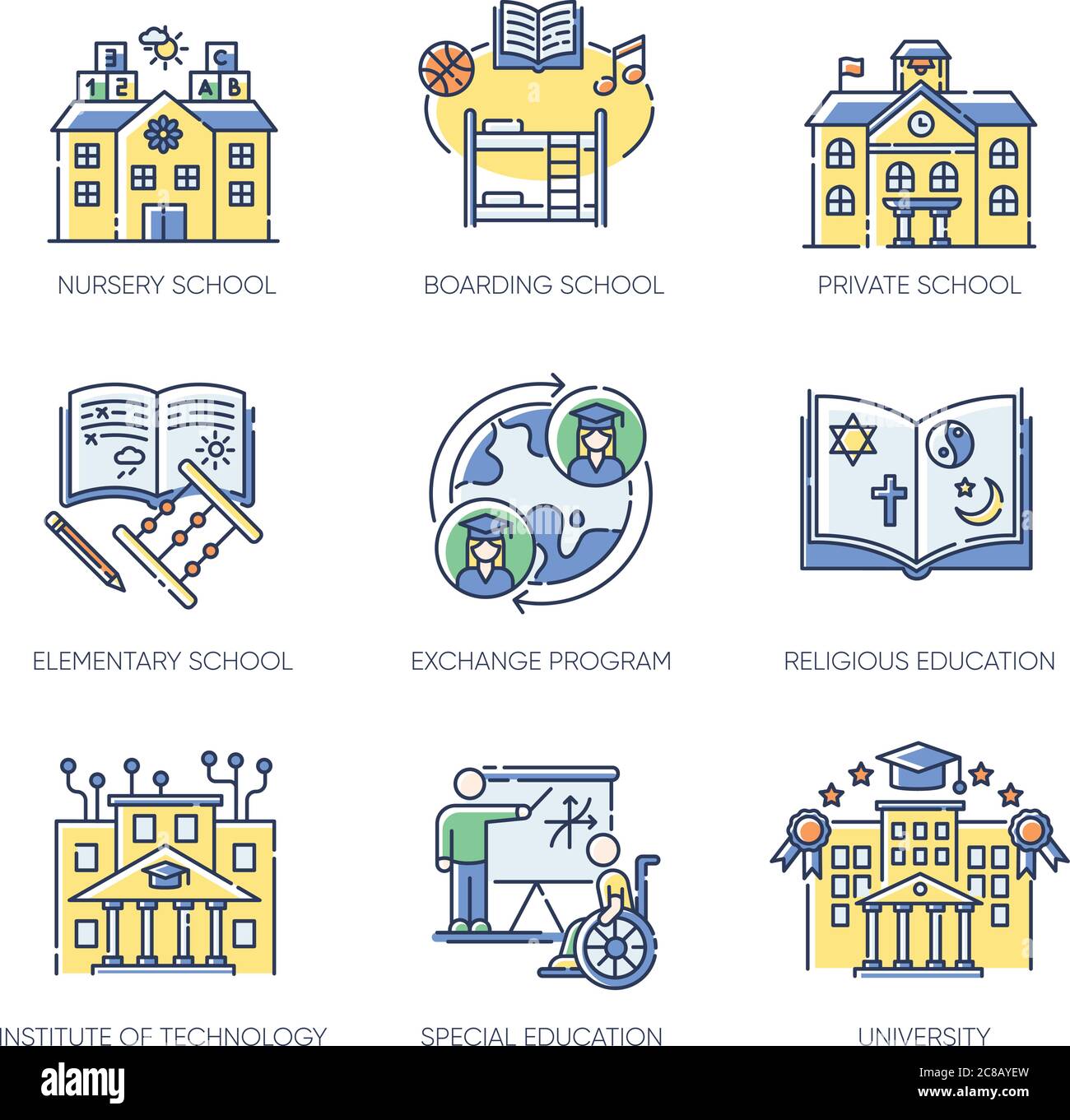 Academic education RGB color icons set. Public and private school ...
