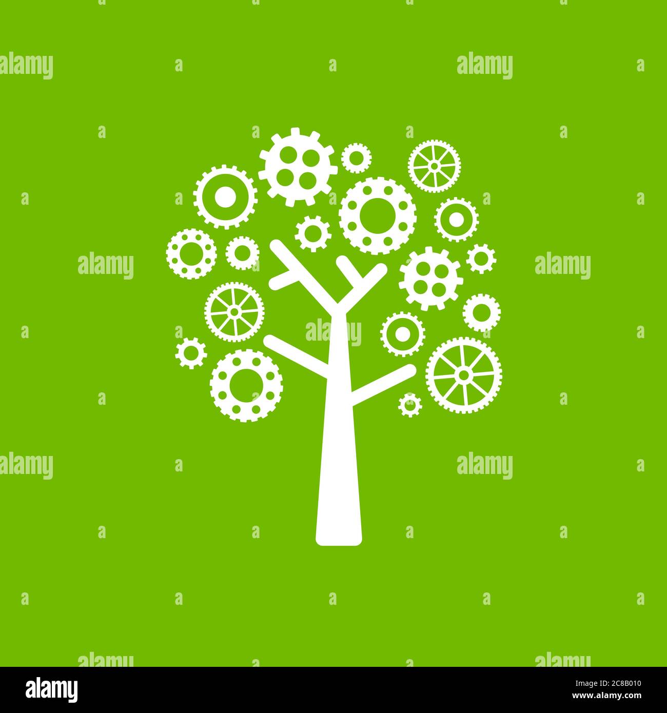Tree with gears and cogs. Skills set and support icon isolated on green ...