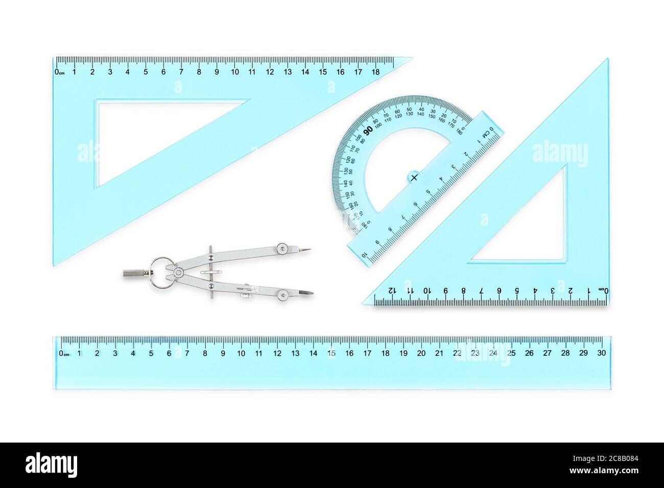 transparent rulers, protractor and compasses isolated on white Stock ...