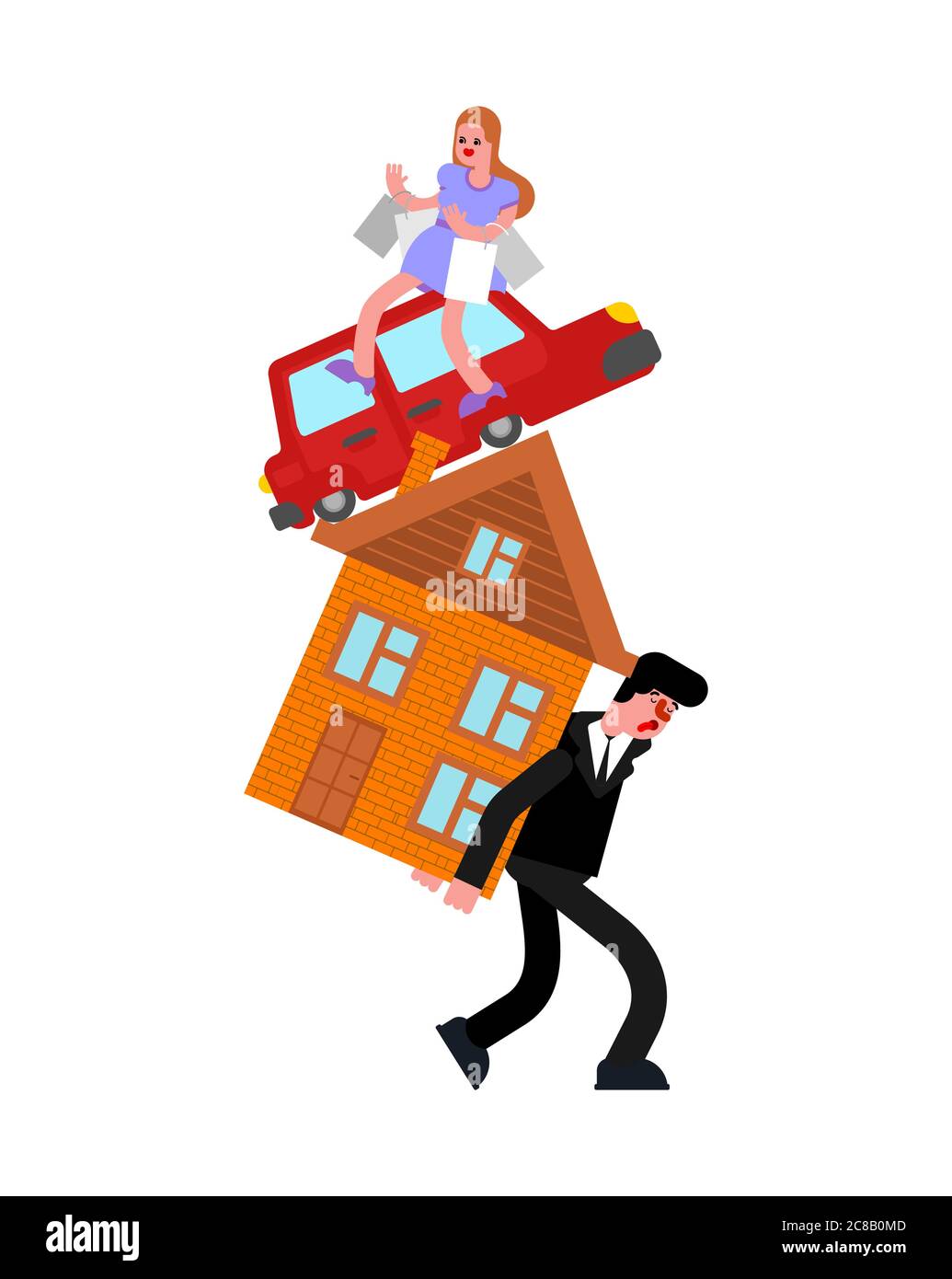 Man carry house and wife and car. Tired of paying off debt. Hard life ...