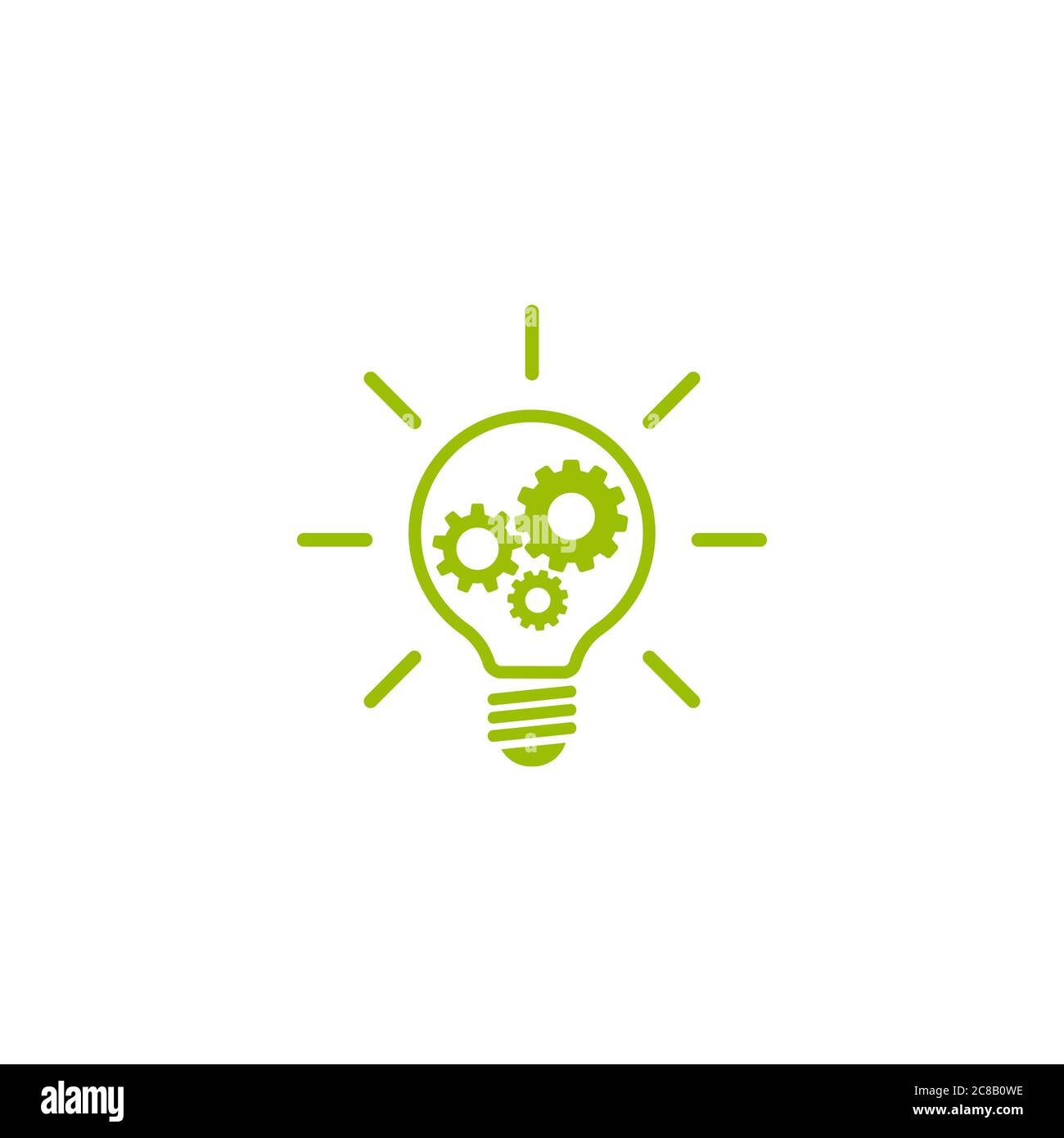 Green bulb with gears and rays flat icon. Isolated on white. New ...