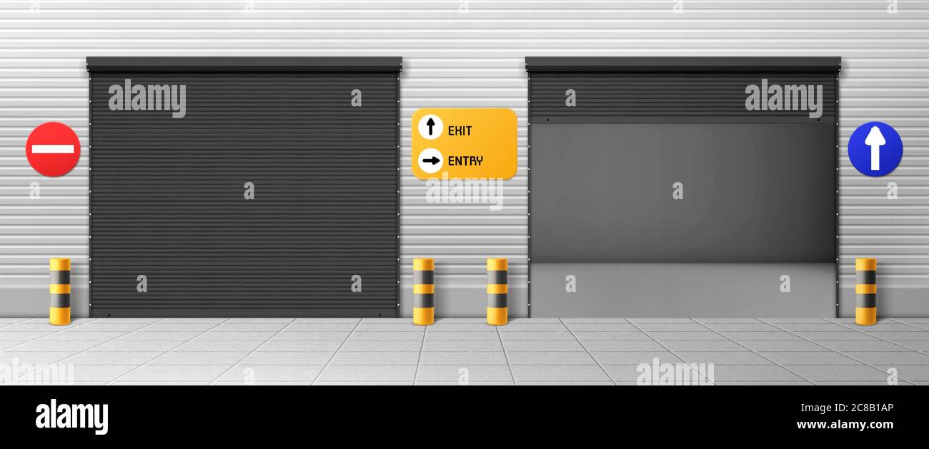 Garage doors, commercial hangar entrances with roller shutters and ...