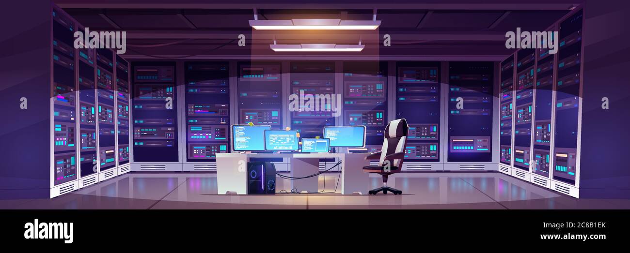 Data center room with server hardware, chair and desk with computer ...