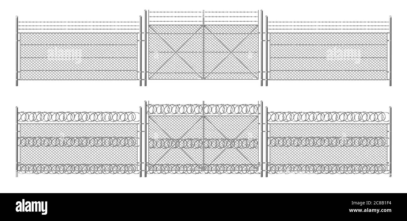 Barb wire fence, grid with gate. Three segments silver colored fencing ...