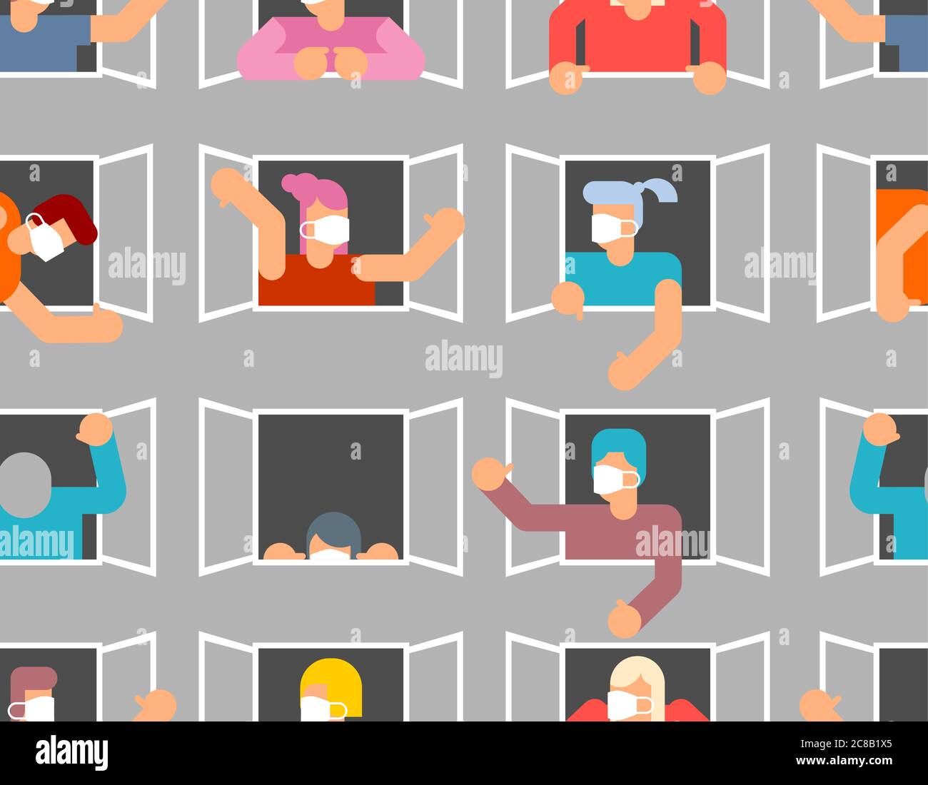 People in masks in window background. Quarantine covid 19 pattern ...