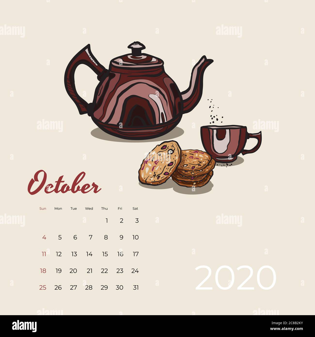 2020 October calendar food, tea art vector. Tea party sketched calendar ...
