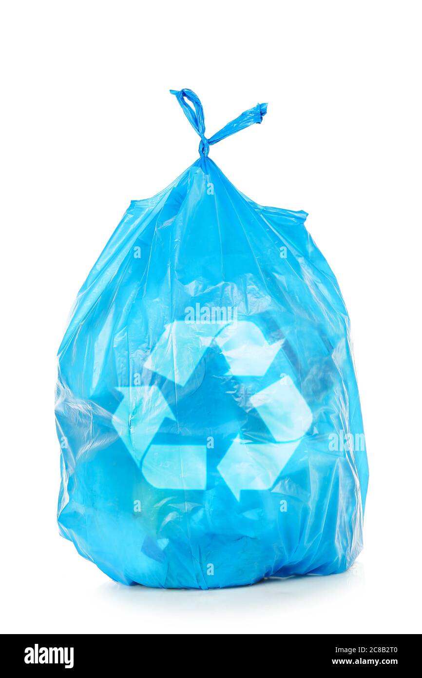 blue trash bag with recycling logo isolated on white Stock Photo - Alamy