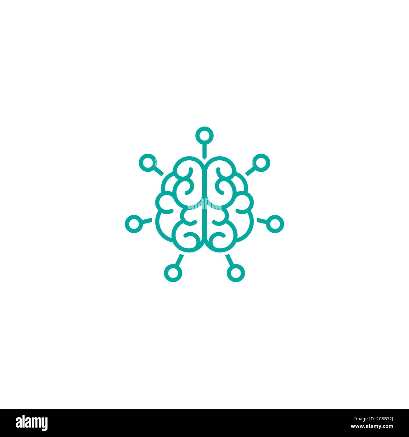 Blue line brain with hub system icon. Intellect, phsychology, knowledge ...