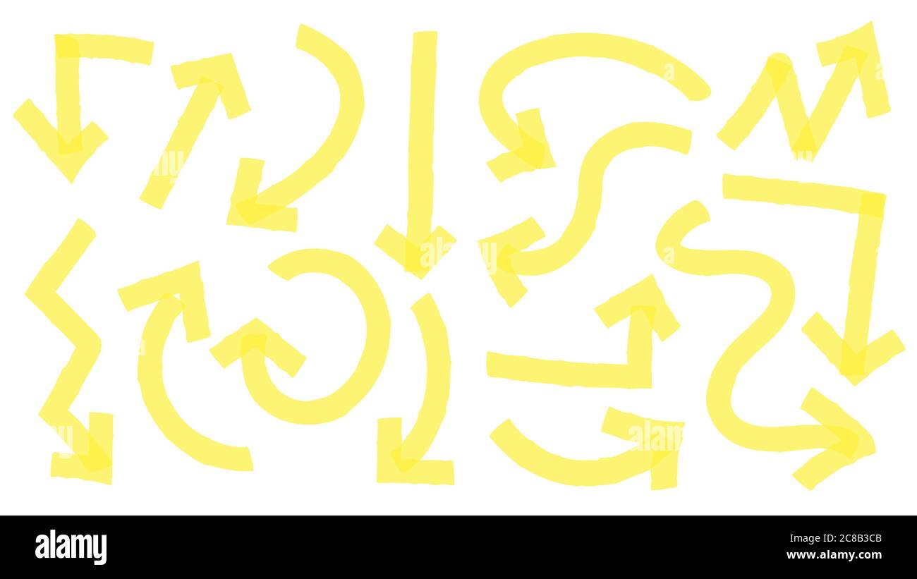 Hand drawn yellow highlighter arrows, pointers in different directions ...
