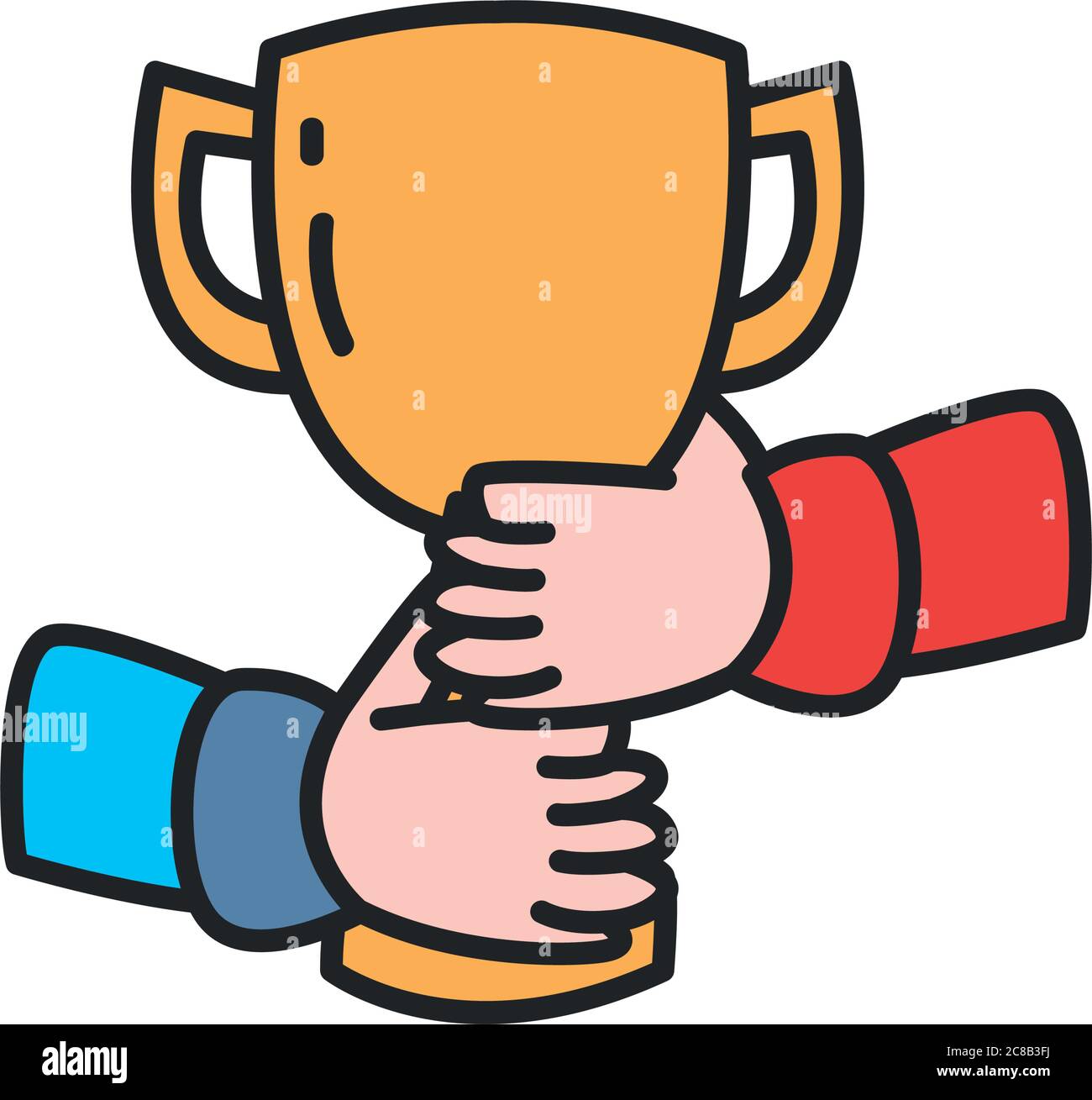 Hands holding trophy line and fill style icon design, Winner first ...