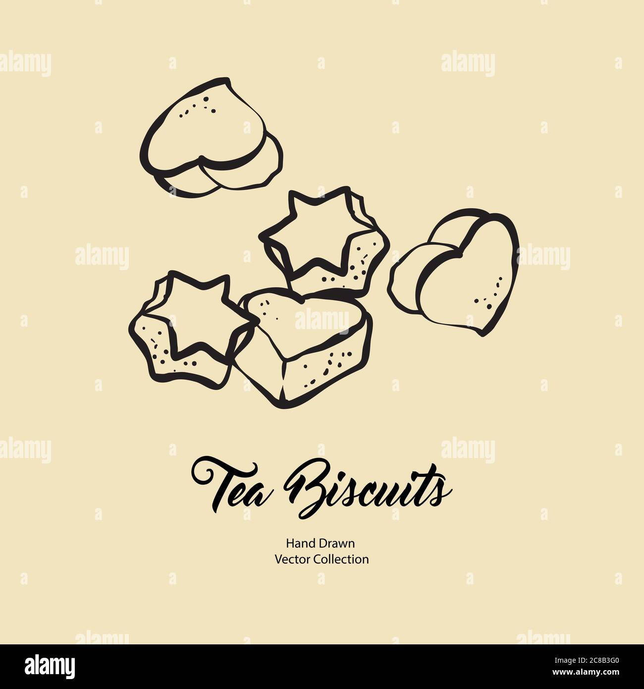 Biscuits stars and hearts isolated hand drawn vector line illustration ...