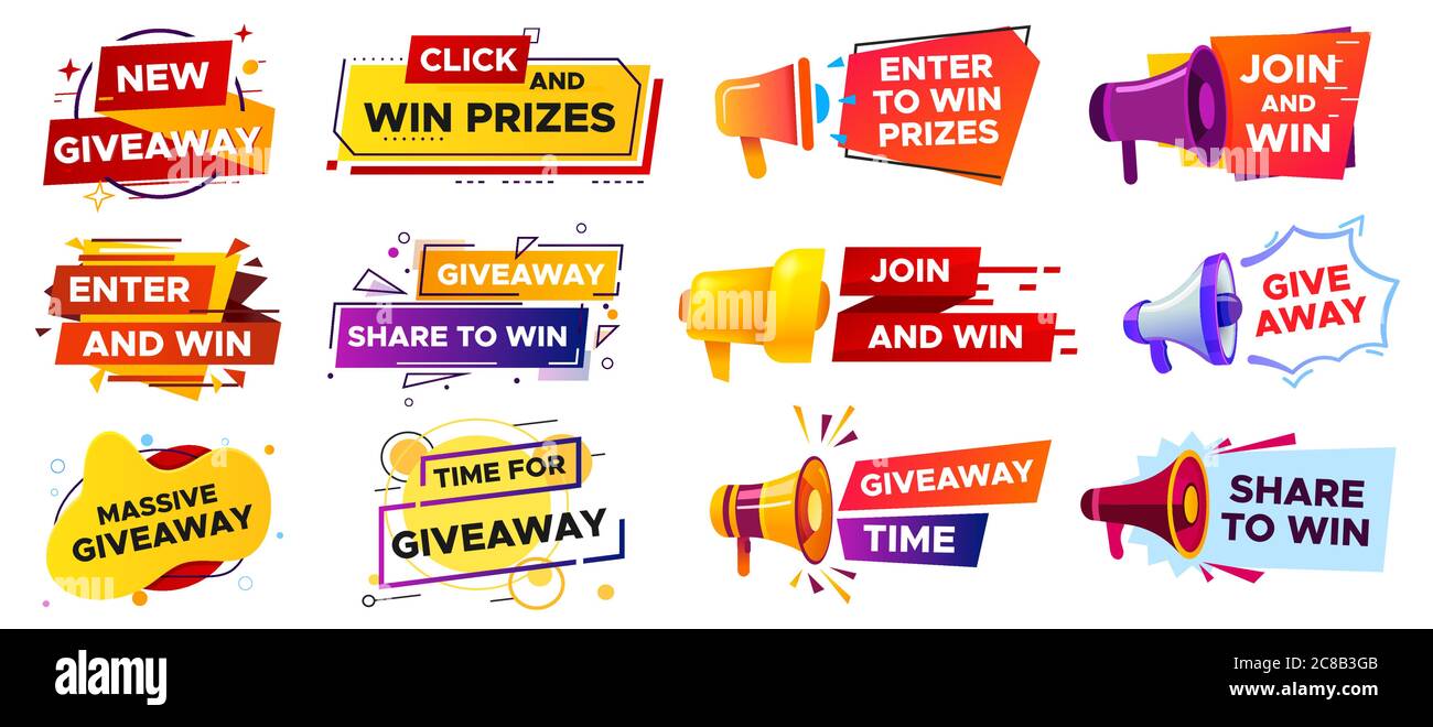 Giveaway banner with megaphone. Loudspeaker announcement of competition ...
