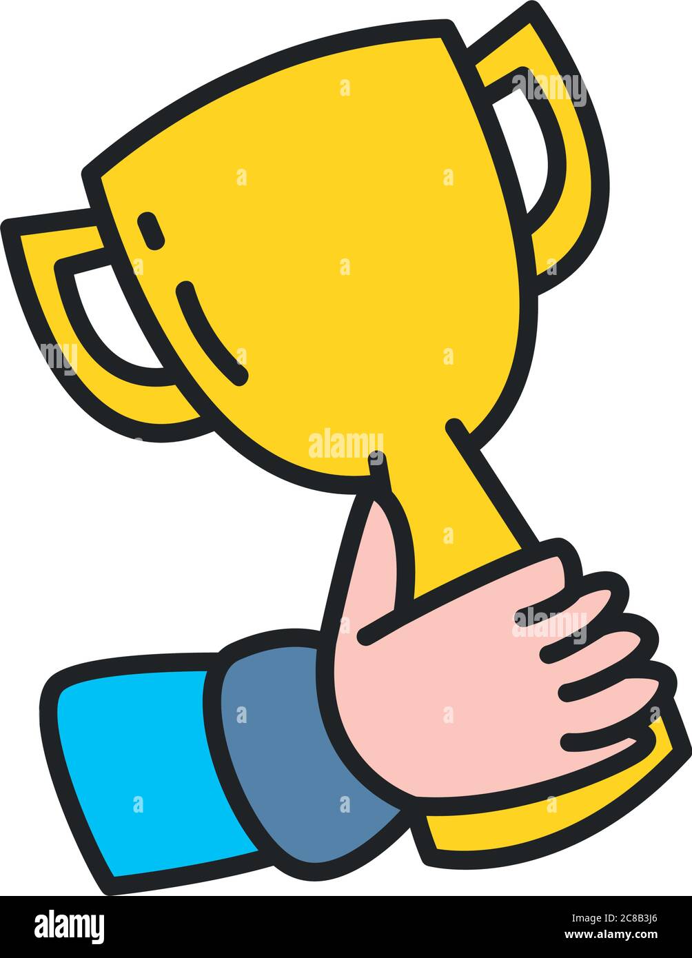 Hand holding trophy line and fill style icon design, Winner first ...