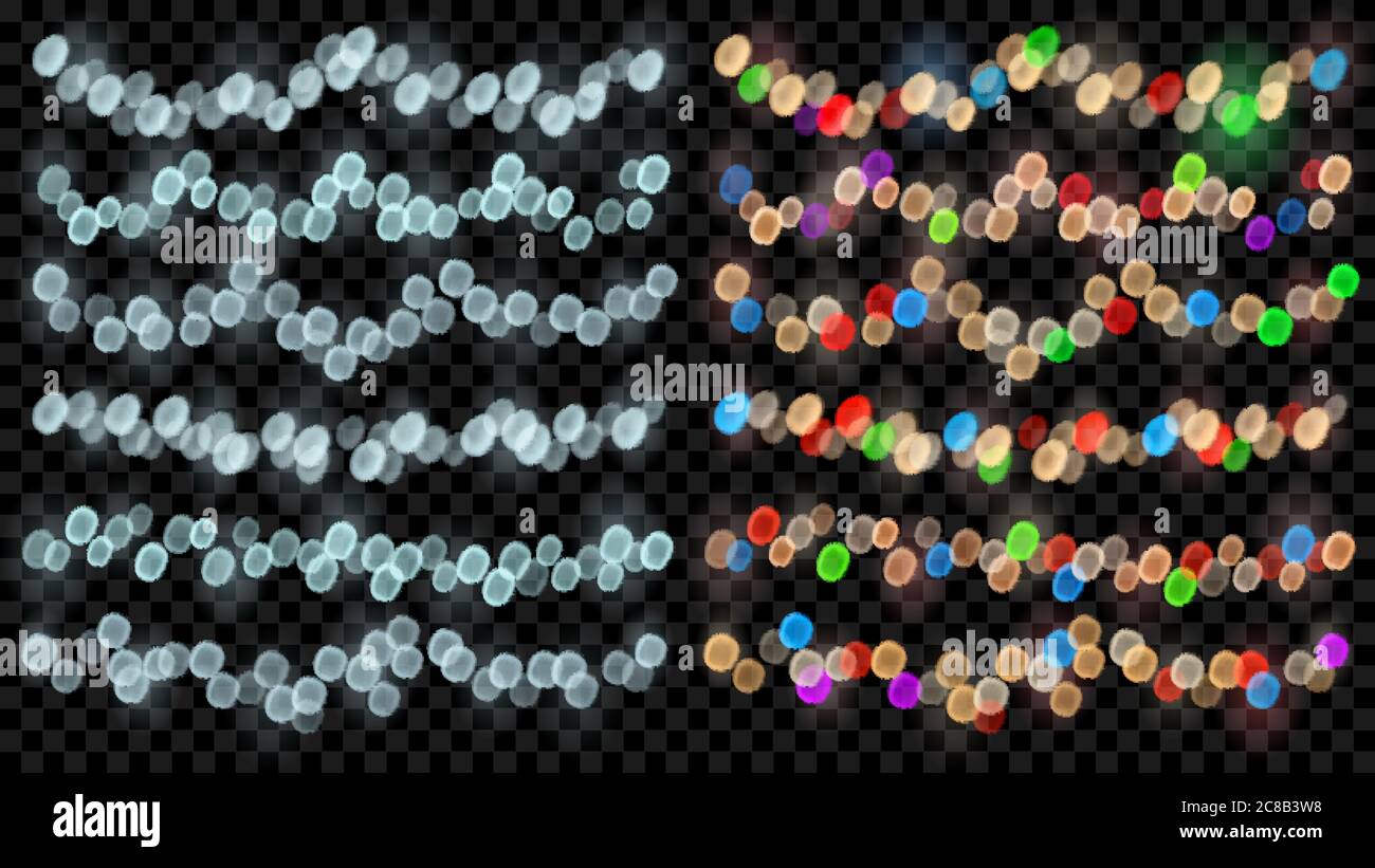 Set of defocused fairy lights in light blue colors and multicolored ...