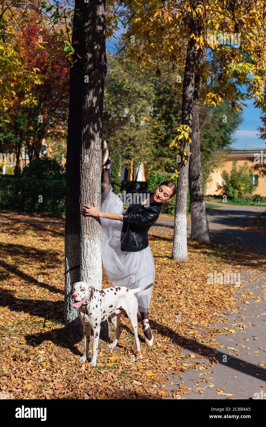 Ballerina with Dalmatian dog in the Park. Woman ballerina in a white ...