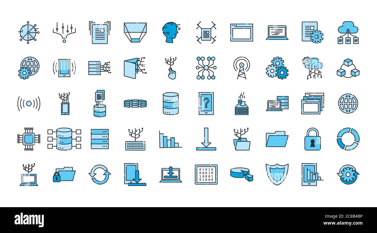 Big data line and fill style icon set design, Web hosting center base security system and ...