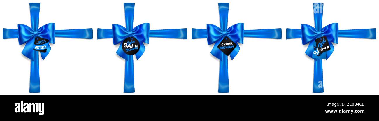 Set of blue bows with crosswise ribbons, shadows and sale labels and ...
