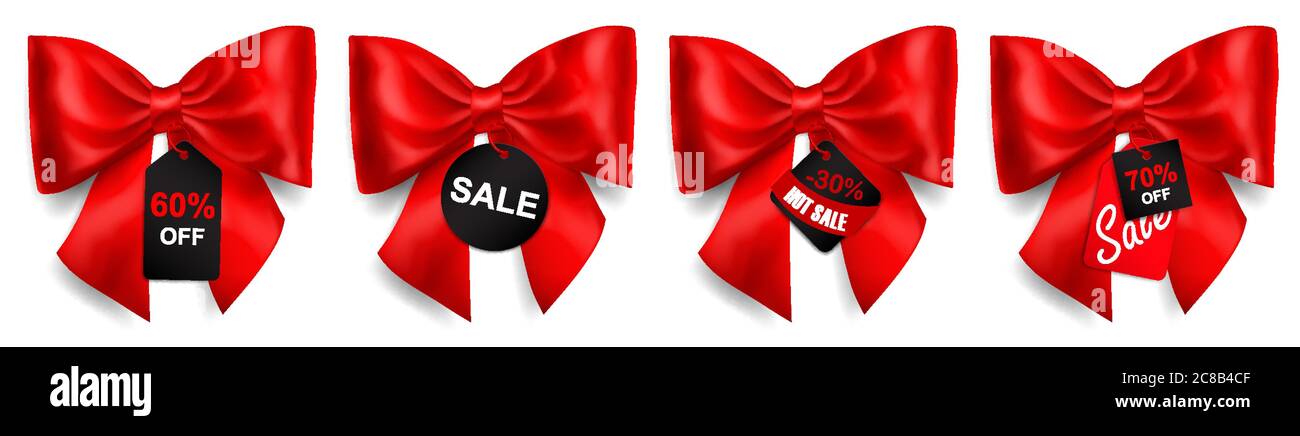 Set of big red bows with shadows and sale labels and tags on white ...