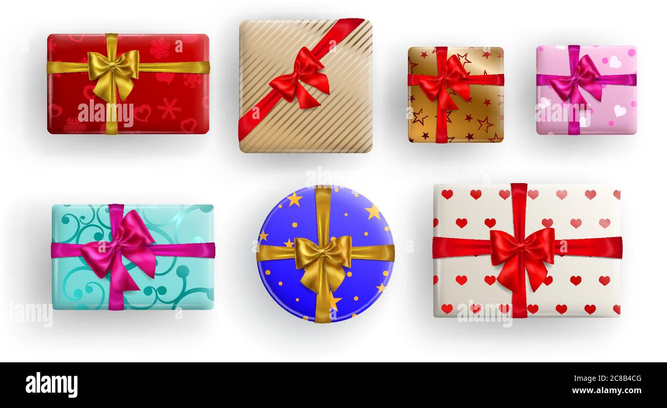 Set of square, rectangle and circle colorful gift boxes with ribbons ...