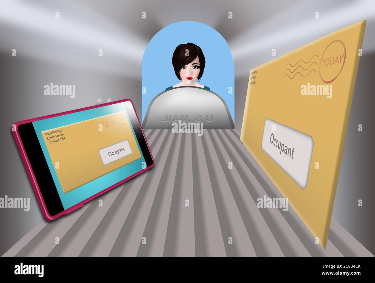 A woman peers into her mailbox to find junk mail in the mailbox and her ...