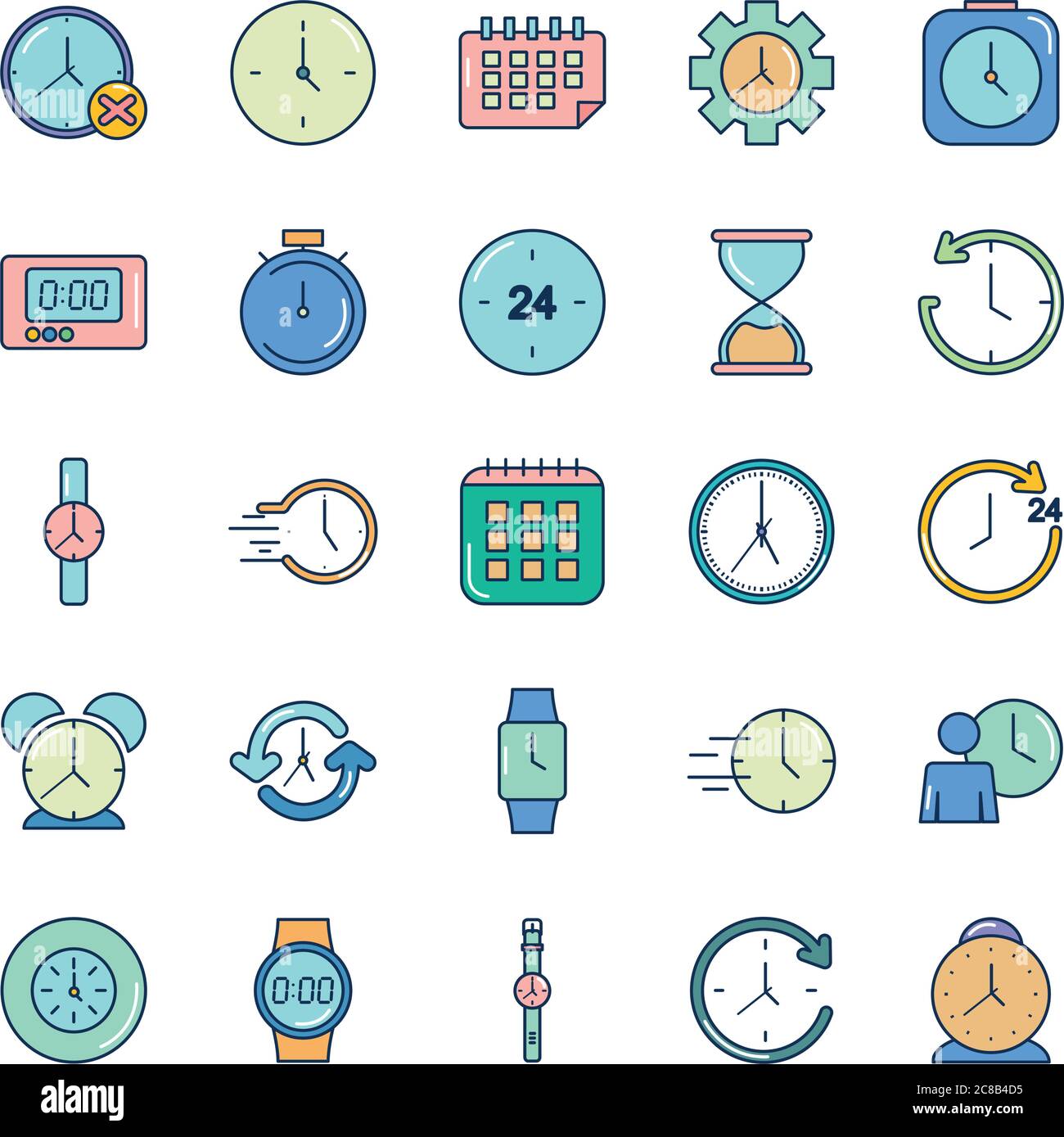 icon set of time and hourglass over white background, line fill style ...
