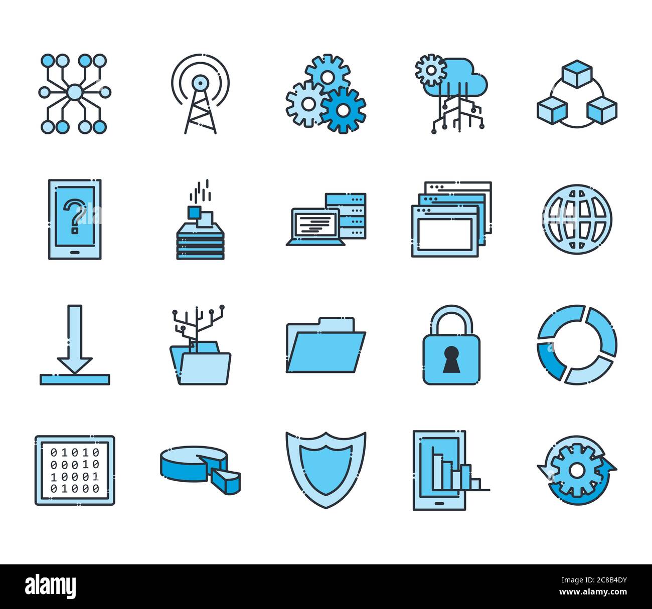 Big data line and fill style icon set design, Web hosting center base security system and ...