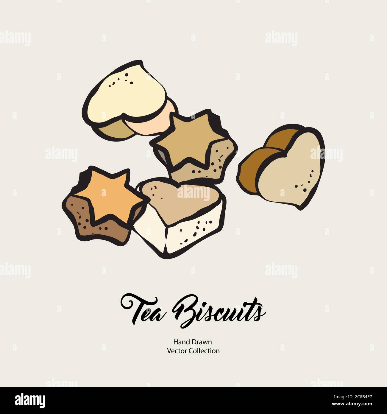 Biscuits stars and hearts isolated hand drawn vector line illustration ...