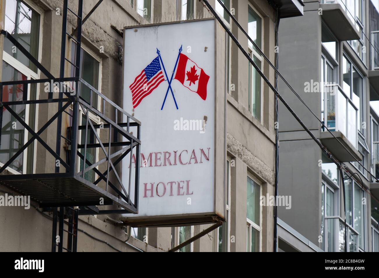 Vancouver, Canada - July 4, 2020: Close up view of American Hotel ...